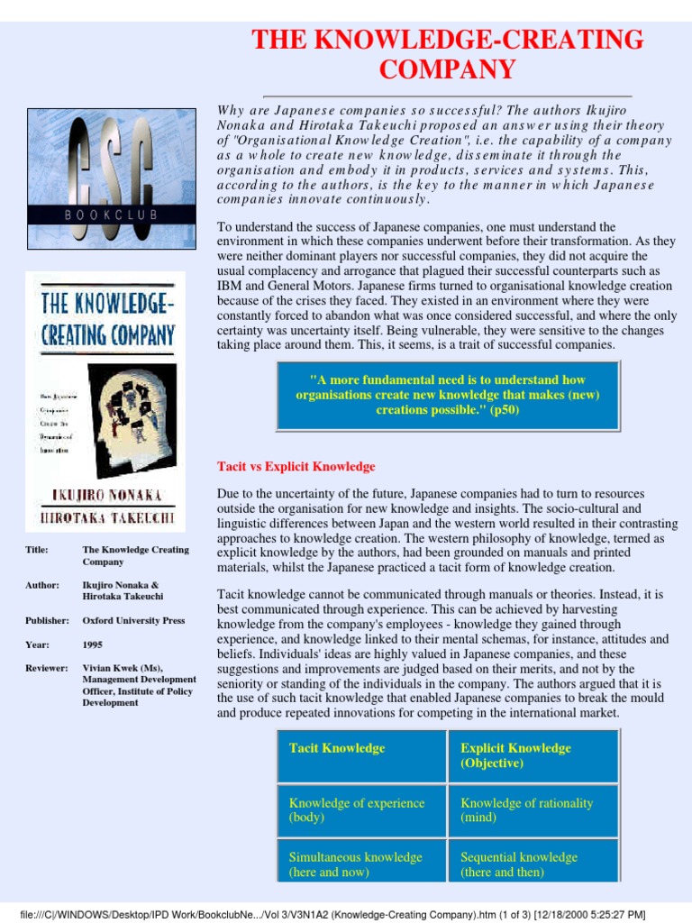 Nonaka, I. and Takeuchi, H. (1995) | PDF | Tacit Knowledge | Experience
