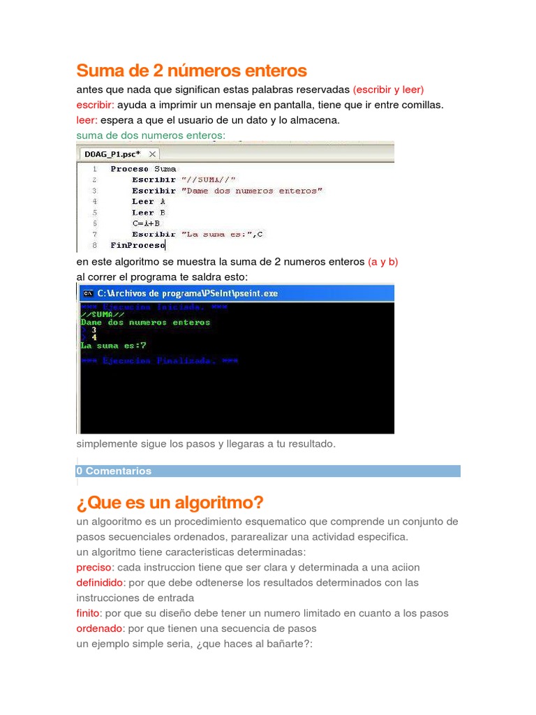 Algoritmo-Suma de 2 Números Enteros | PDF