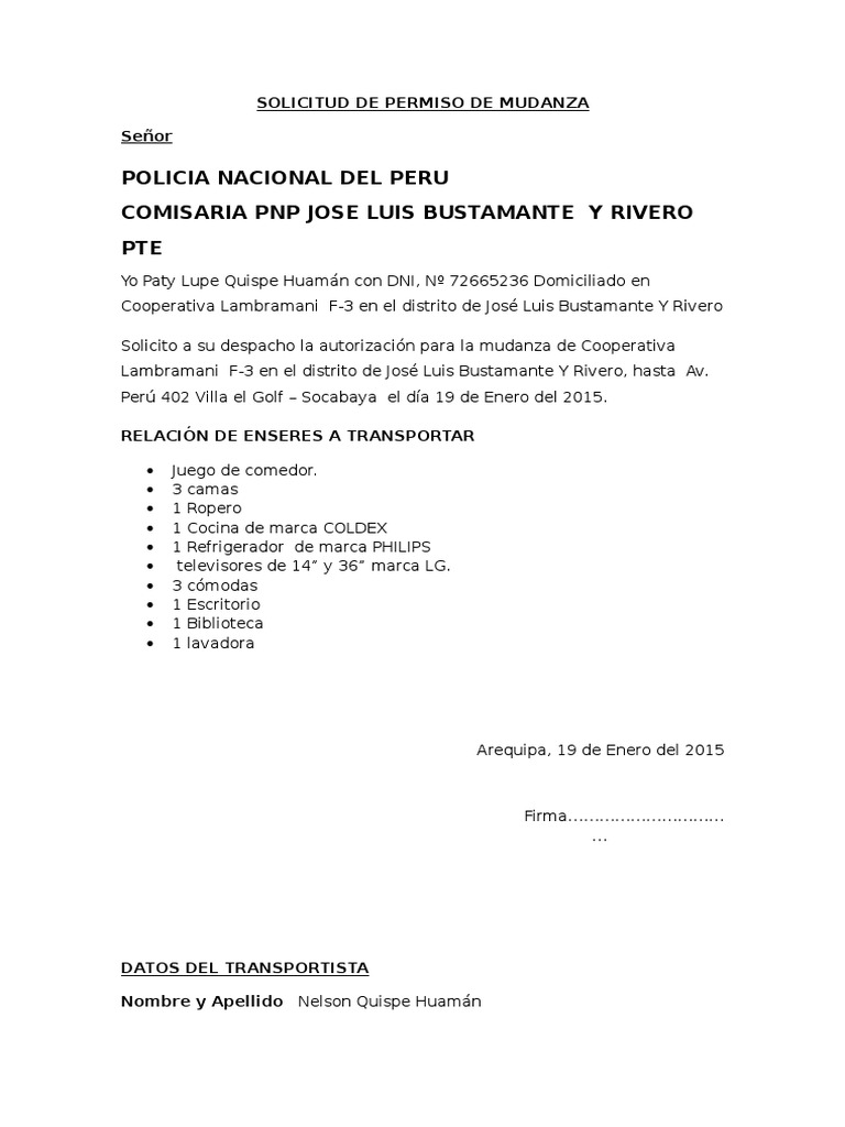 Solicitud de Permiso de Mudanza | PDF
