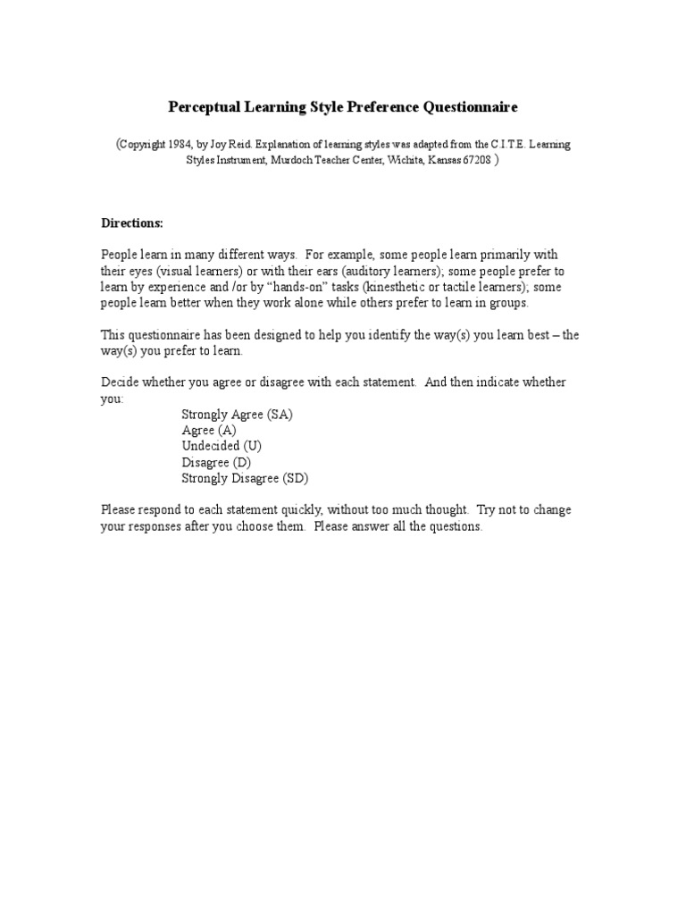 Perceptual Learning Style Preference Questionnaire | PDF | Learning ...