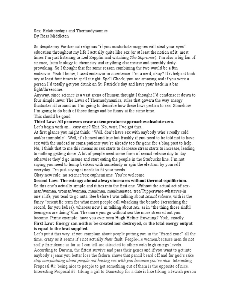 Sex And Thermodynamics Pdf Second Law Of Thermodynamics Molecules