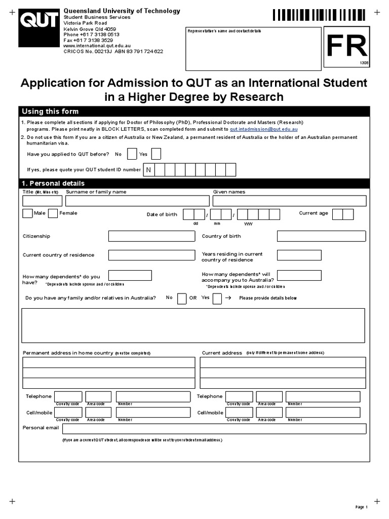 Qut Form | PDF | University And College Admission | Doctor Of Philosophy