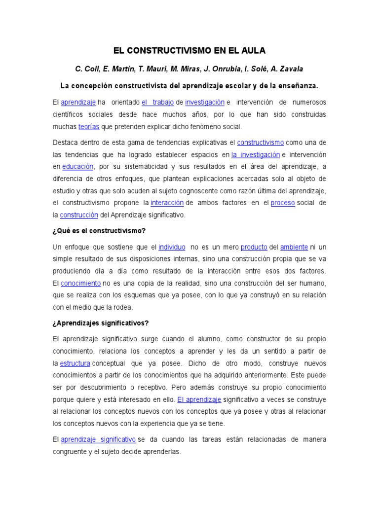 El Constructivismo en El Aula | PDF | Constructivismo (filosofía de la educación) | Aprendizaje