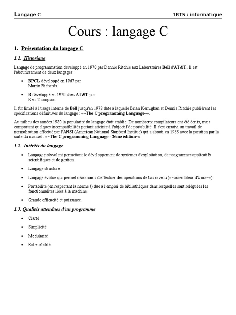 Cours de Langage C | PDF | Structure de contrôle | C (Langage de programmation)