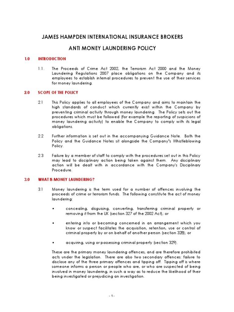 Anti Money Laundering Policy | PDF | Money Laundering | Due Diligence