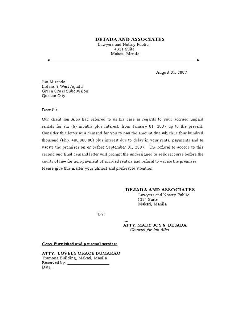 7a. Demand Letter For Ejectment | PDF | Law