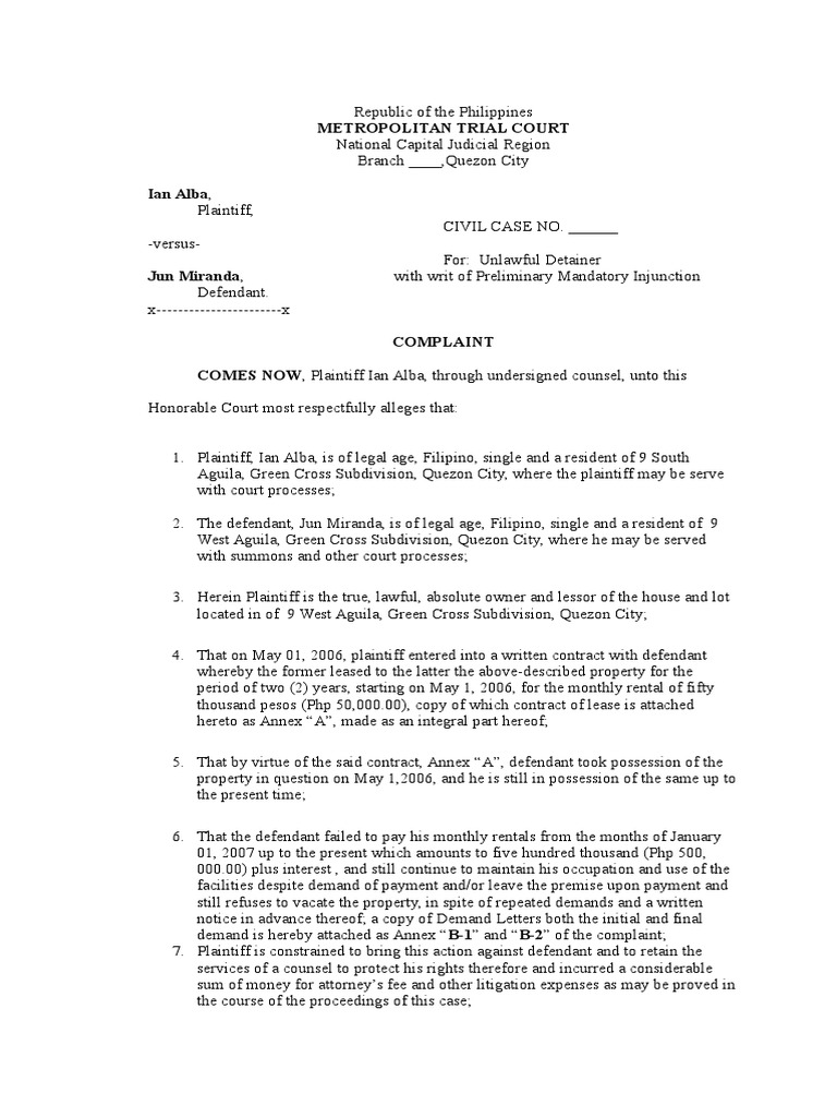 Plaint Ejectment Les | PDF | Lease | Lawsuit