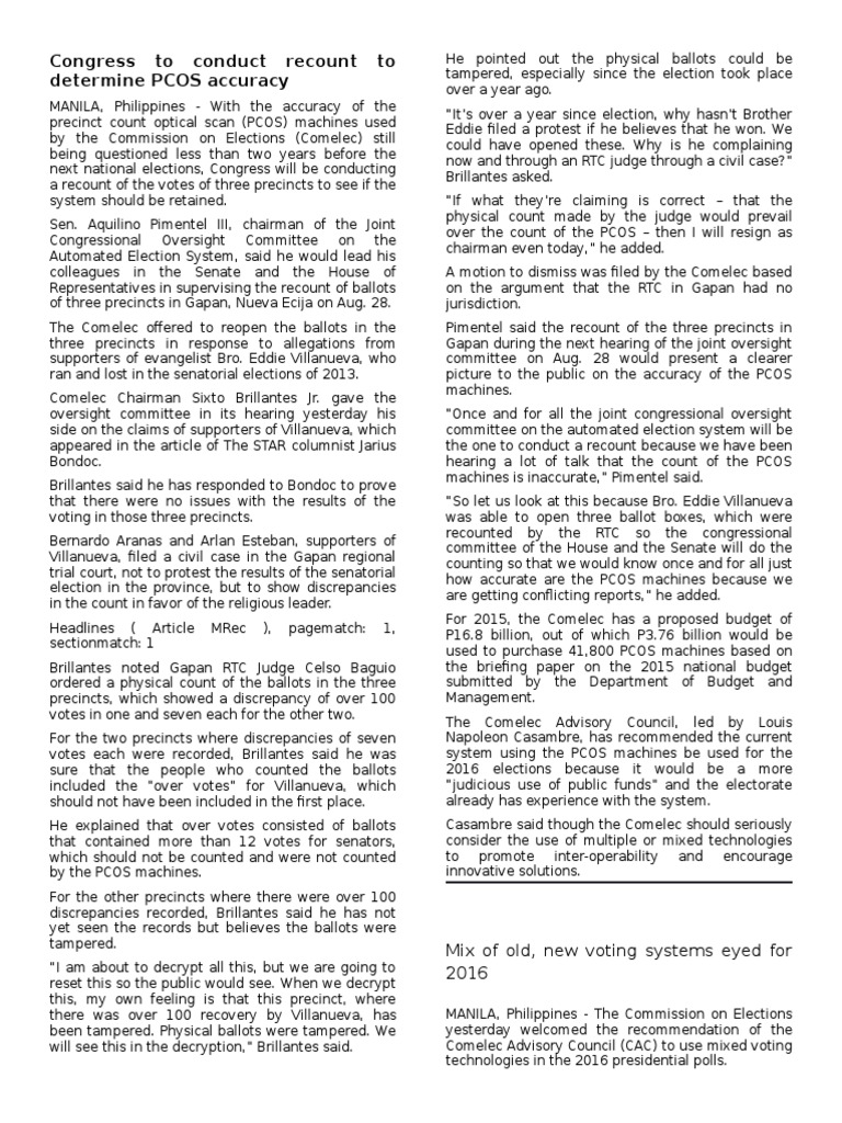 Congress to Recount Votes for PCOS Accuracy | PDF | Commission On ...