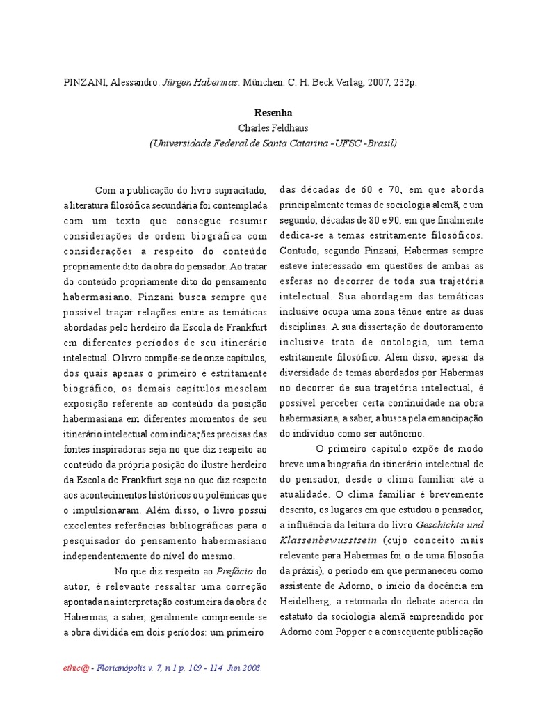 Resenha-Habermas Alessandro Pinzani | PDF | Jürgen Habermas | Modernidade