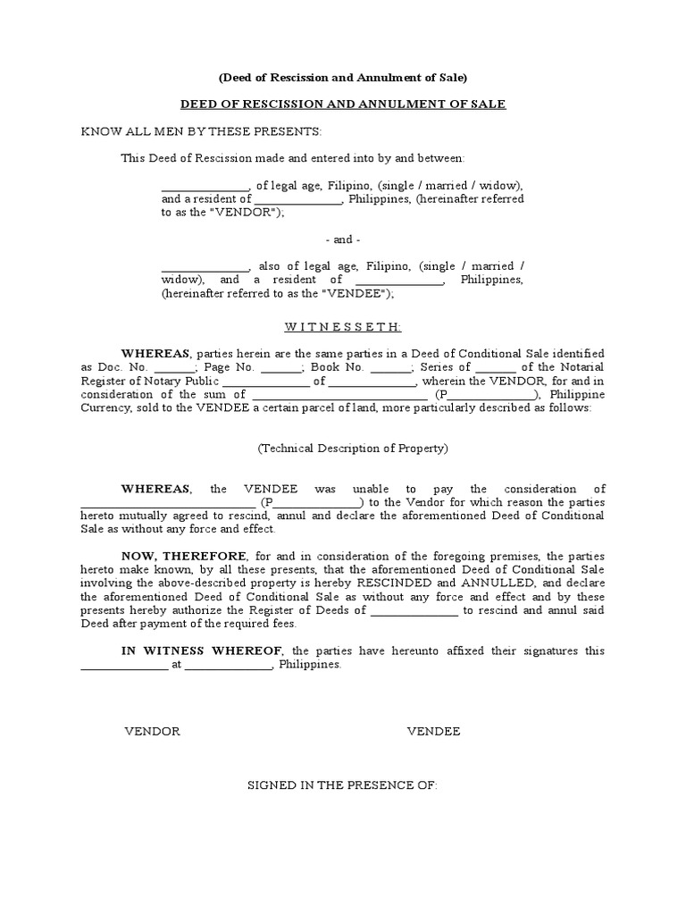 Deed of Rescission and Annulment of Sale