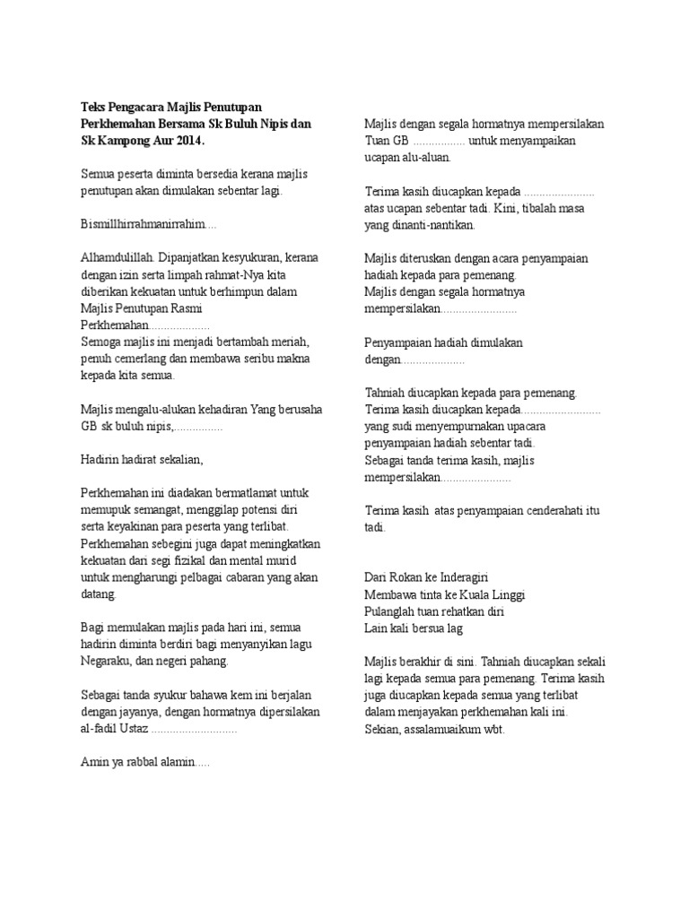 Teks Pengacara Majlis Penutupan Perkhemahan Bersama SK Buluh Nipis Dan SK Kampong Aur 2014 | PDF