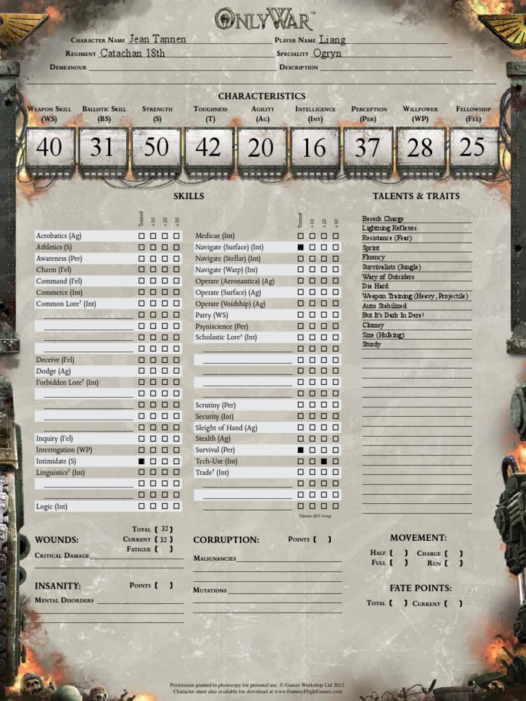 Only War RPG Character Sheet | PDF | Leisure Activities | Role Playing