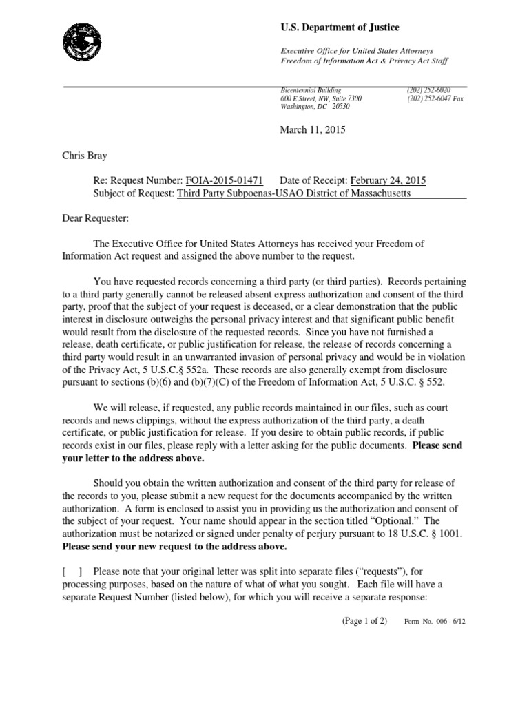 DOJ Response to FOIA Request for Winston Rea Subpoenas | Freedom Of ...