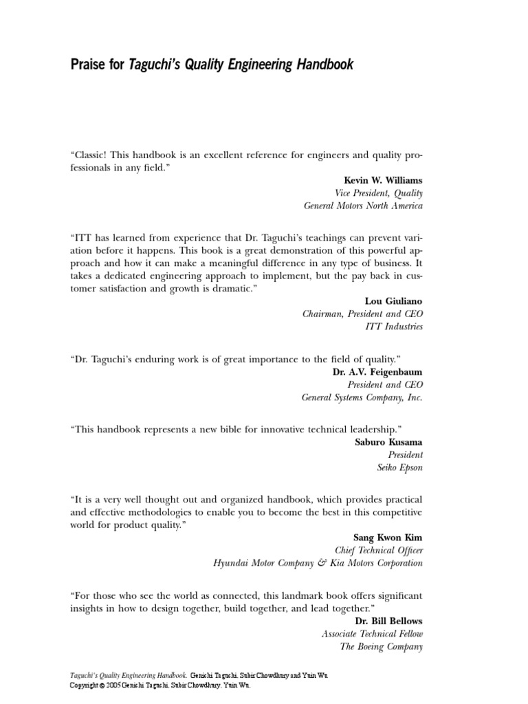 Taguchi Quality Engineering Handbook PDF | PDF