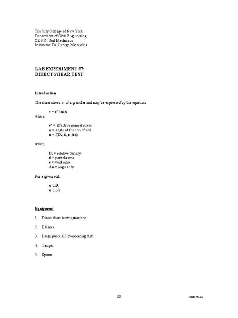 Lab Experiment #7: Direct Shear Test | PDF | Soil Mechanics | Civil ...