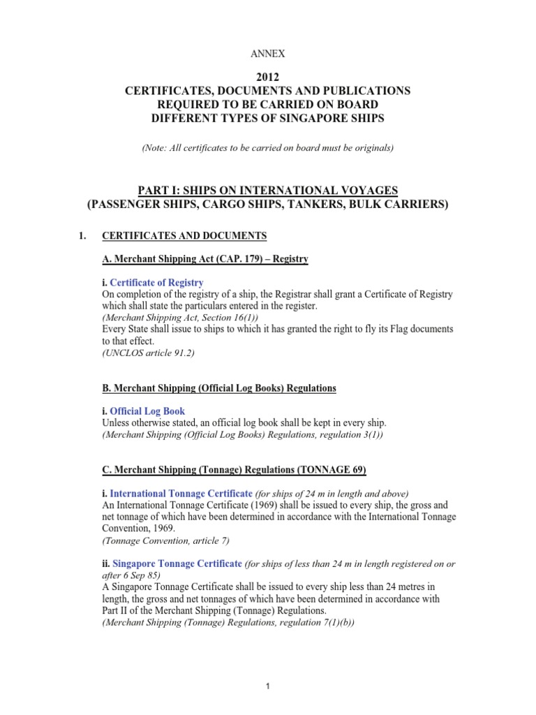 Required Certificates for Singapore Ships | PDF | Dangerous Goods | Tonnage