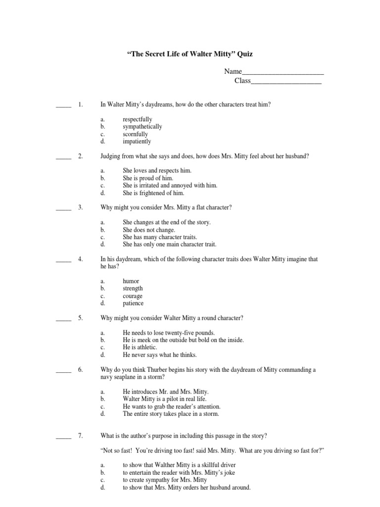 The Secret Life of Walter Mitty Quiz | PDF | Narration