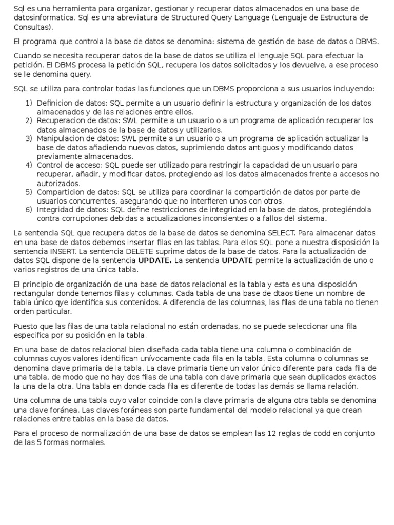 Resumen SQL | PDF | SQL | Bases de datos