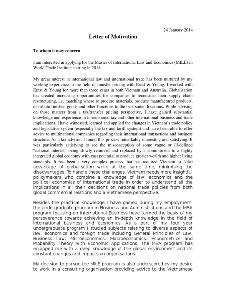 Letter of Motivation | Globalization | Economics