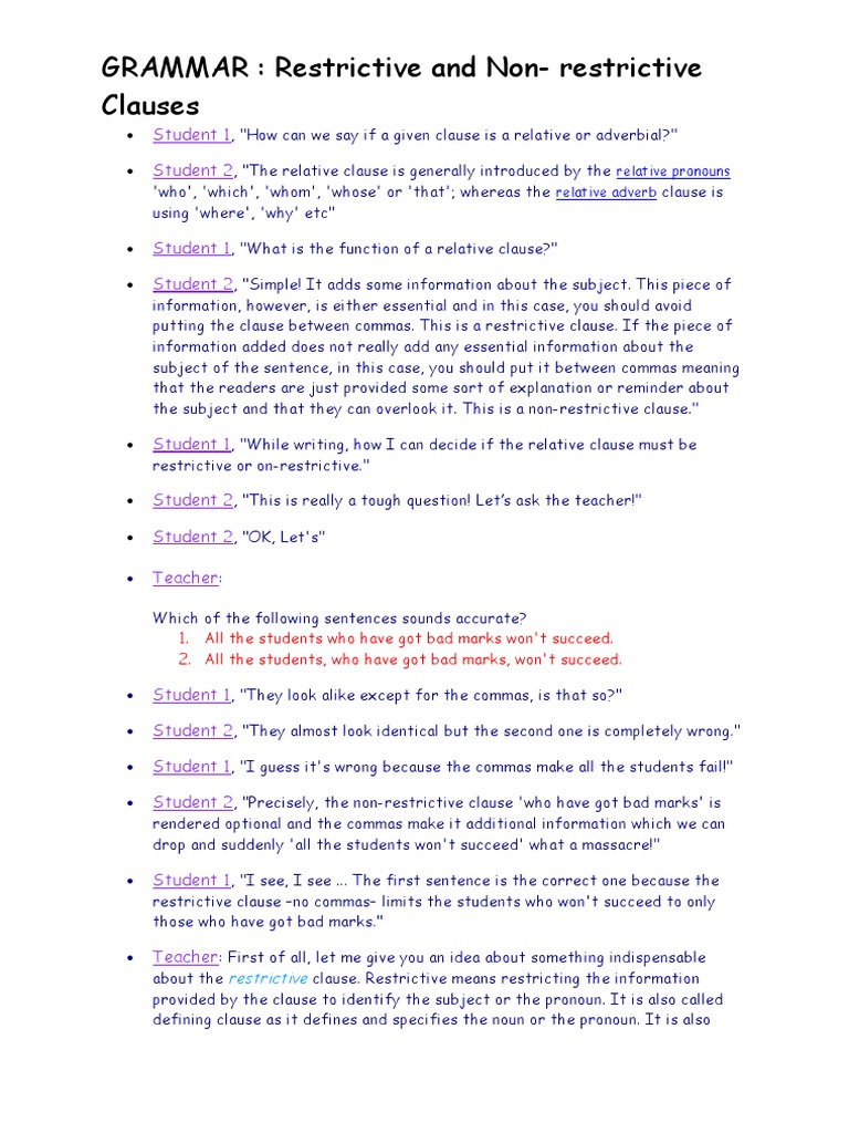 Restrictive and Non Restrictive Clauses | PDF | Linguistic Morphology ...