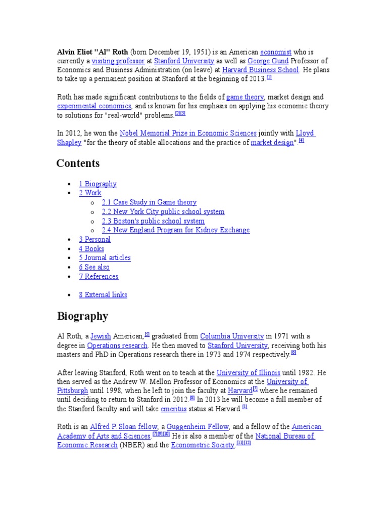 Alvin Eliot "Al" Roth (Born December 19, 1951) Is An American | PDF ...