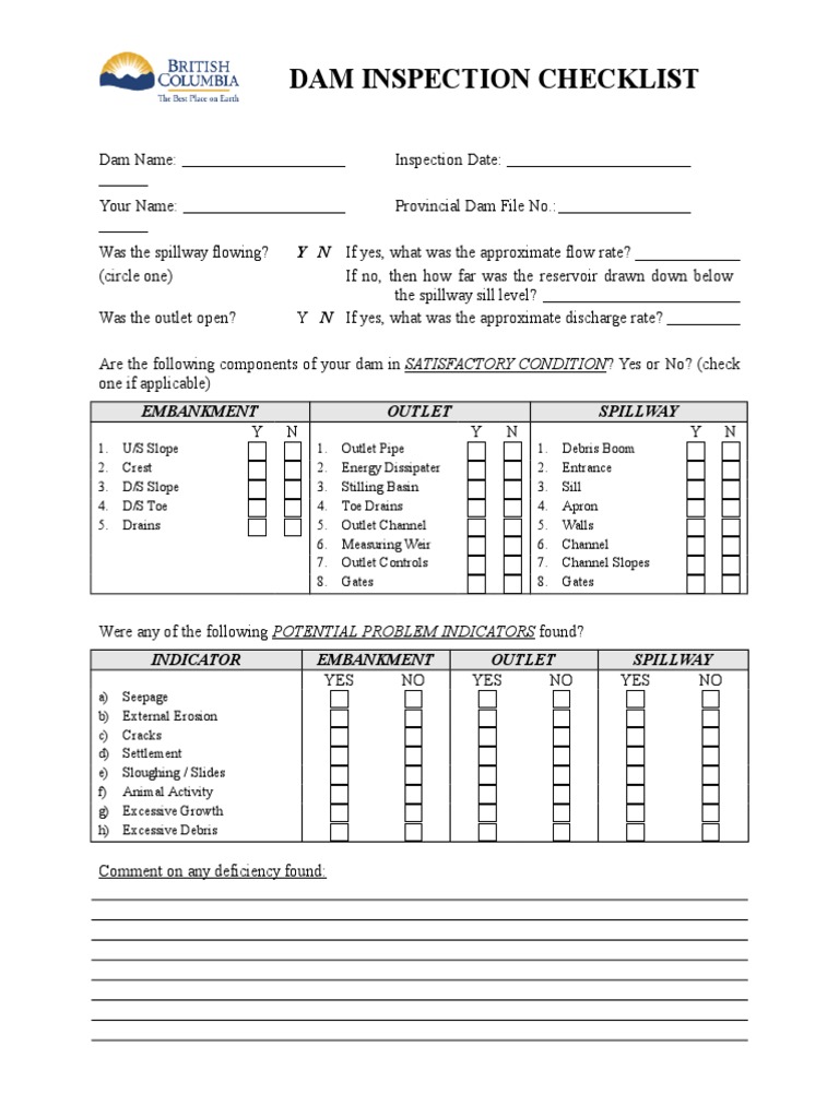 Dam Inspection Checklist: Y N If Yes, What Was The Approximate Flow ...