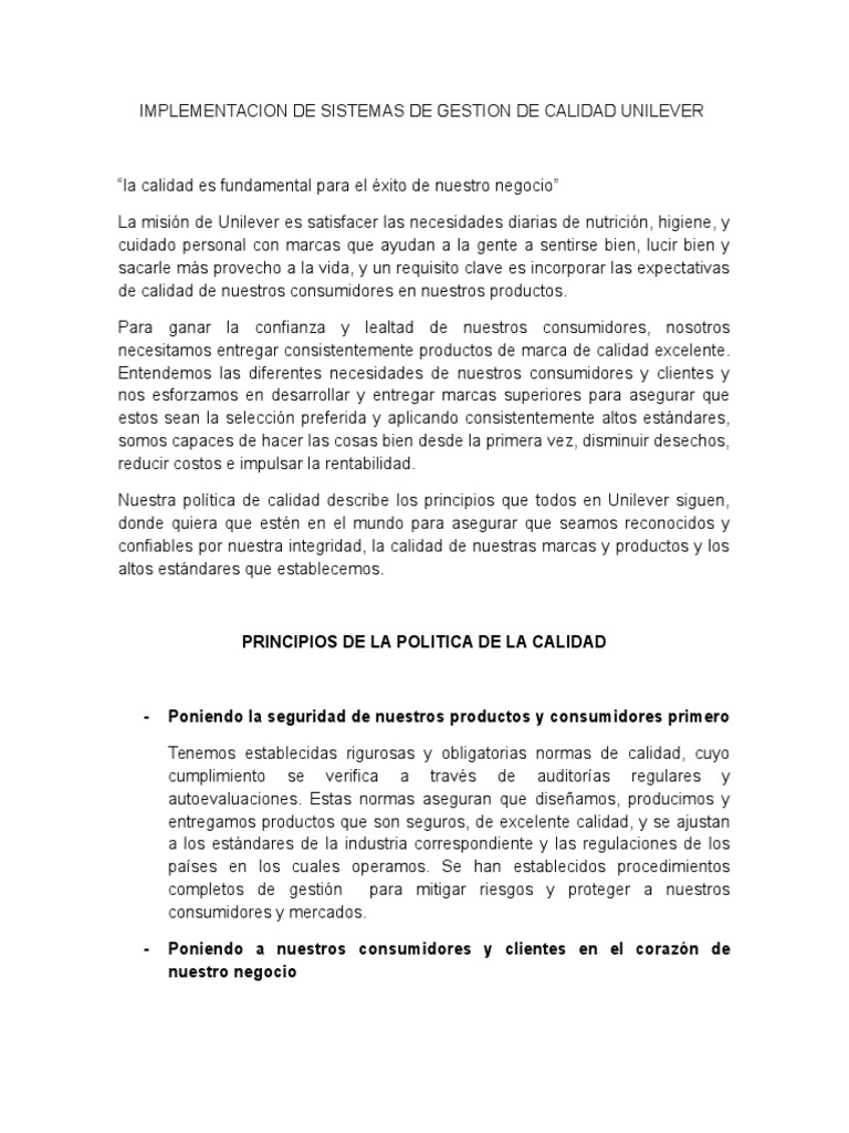 Sistemas de Gestión de Calidad Unilever | PDF | Calidad (comercial ...