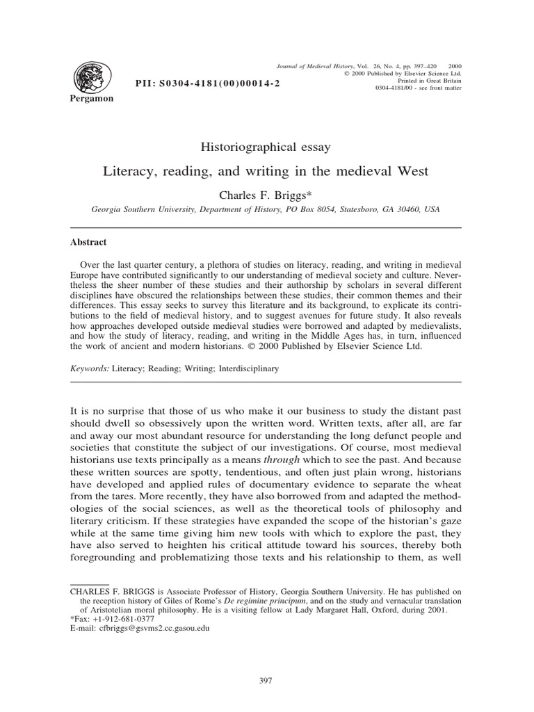 Historiographical Essay. Literacy Reading and Writing in The Medieval ...