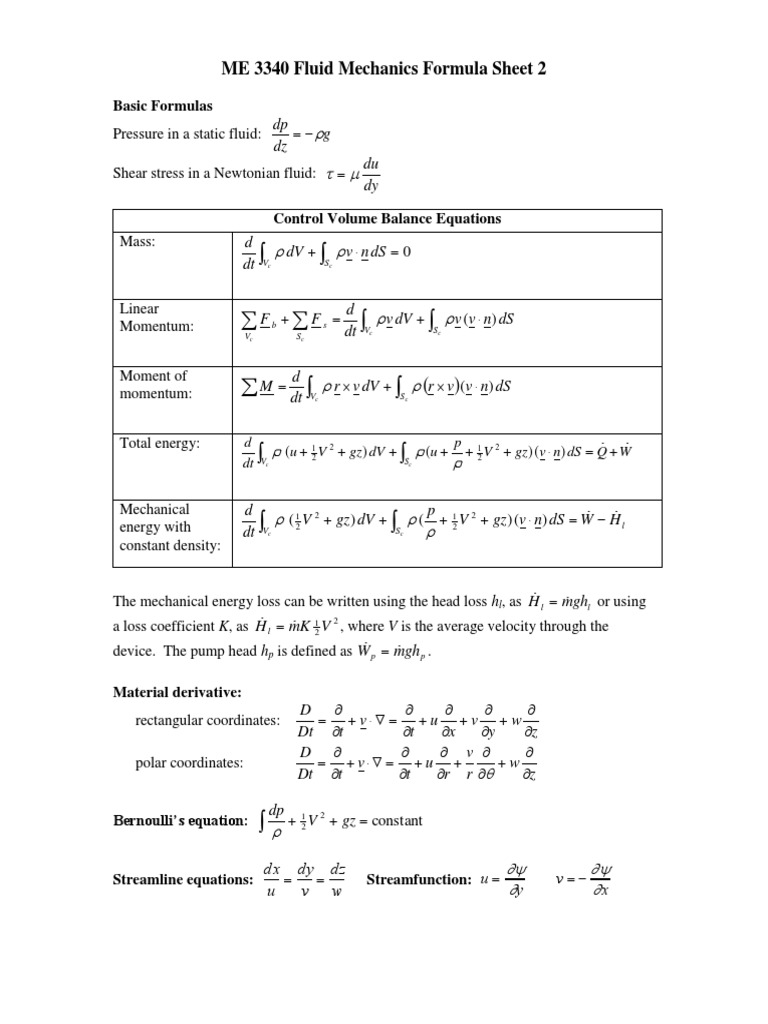ME 3340 Fluid Mechanics Formula Sheet 2: Basic Formulas | PDF ME 3340 Fluid Mechanics Formula Sheet 2: Basic Formulas | PDF