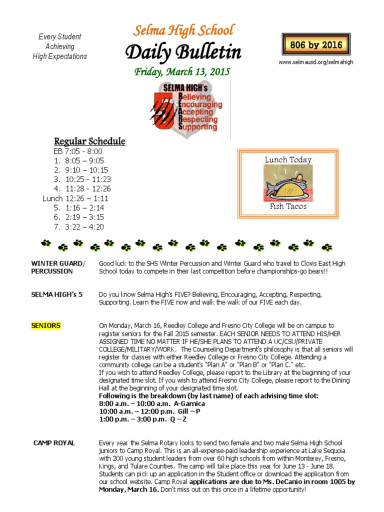 SHS Daily Bulletin 3-13-15 | PDF