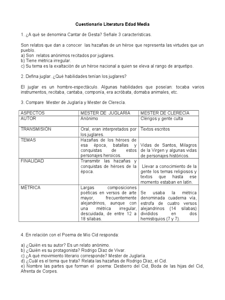 Cuestionario Literatura Edad Media | PDF | Metro (poesía) | Literatura ...