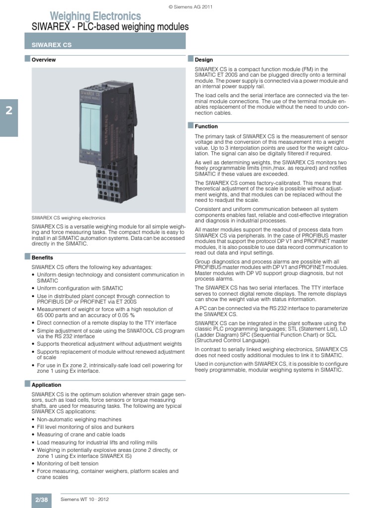 Siwarex CS Data Sheet | Download Free PDF | Weighing Scale | Power Supply