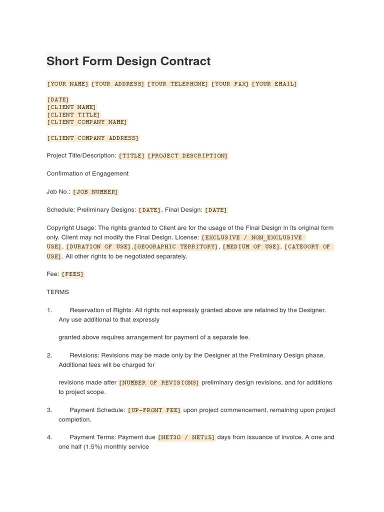 Short Form Design Contract | PDF | Fee | Indemnity