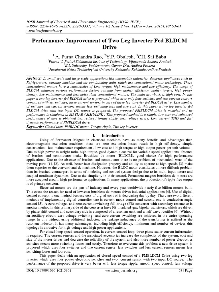 Performance Improvement of Two Leg Inverter Fed BLDCM Drive | PDF ...