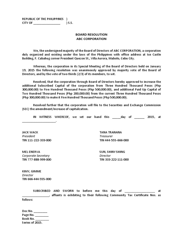 Board Resolution On Increase of Capital | PDF | Board Of Directors ...