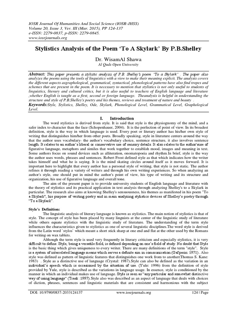 Stylistics Analysis of The Poem To A Skylark' by P.B.Shelley | PDF ...
