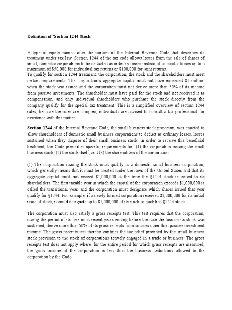 Overview of Section 1244 Stock | PDF | Stocks | Corporations