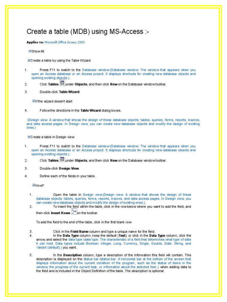 Create A Table (MDB) Using MS-Access | PDF | Database Index | Microsoft ...