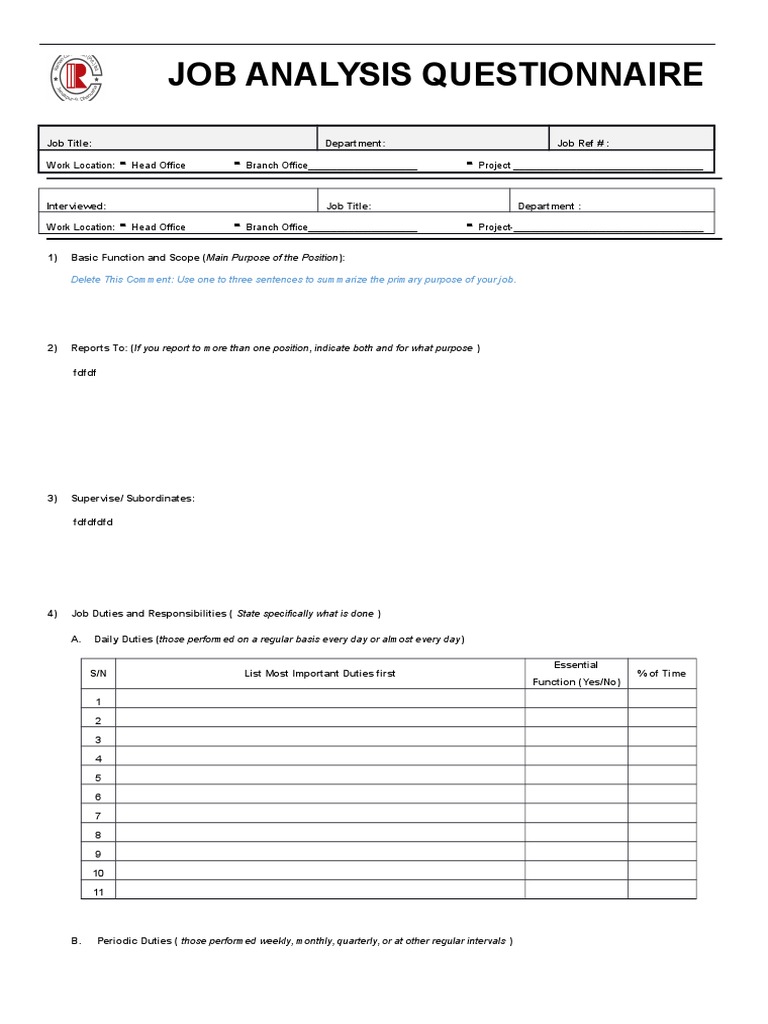 Job Analysis Questionairre | PDF | Academic Degree | Doctor Of Philosophy