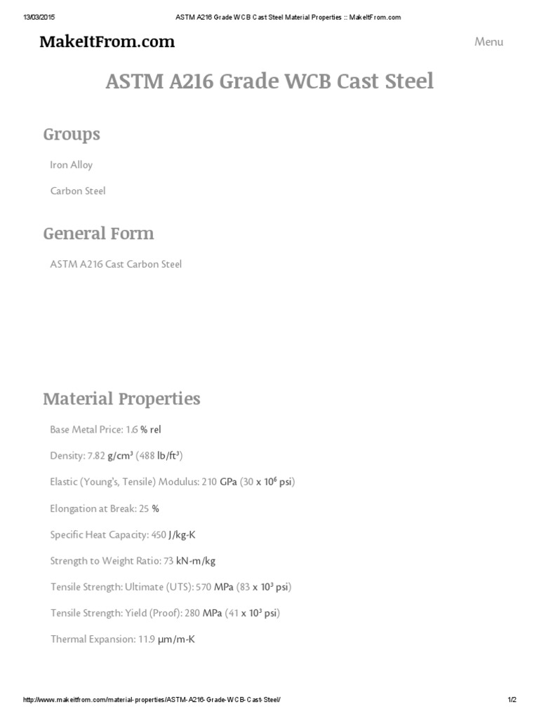ASTM A216 Grade WCB Cast Steel Material Properties - MakeItFrom | PDF ...
