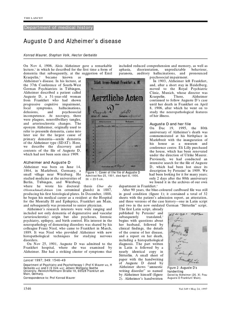 Auguste D and Alzheimer's Disease: Department of Medical History | PDF ...