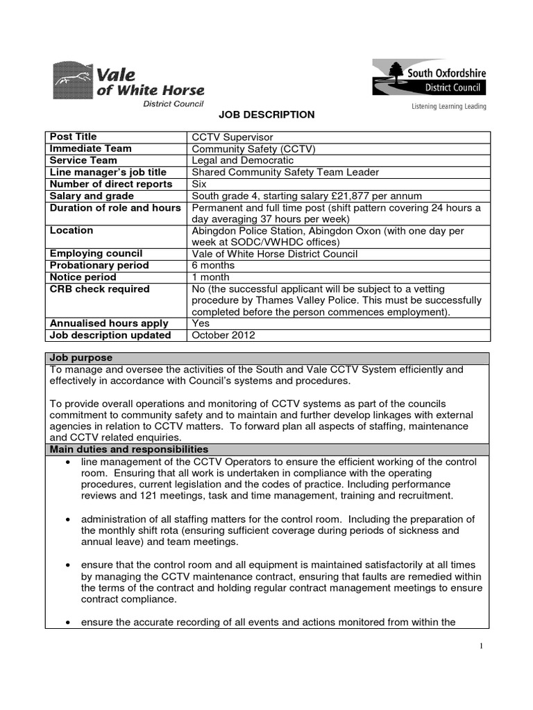 CCTV Supervisor 20121010 Job Description | PDF | Closed Circuit ...