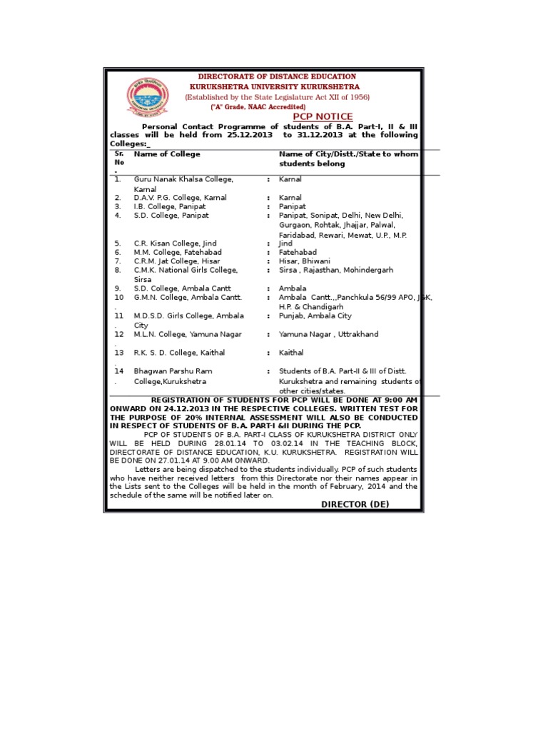 PCP Notice | PDF | Kurukshetra District | Educational Institutions