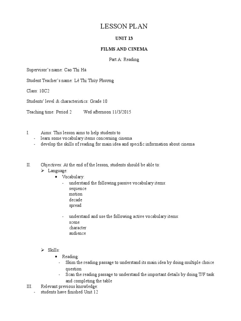 Lesson Plan Reading Unit 13 English 10 | PDF | Lesson Plan | Reading ...