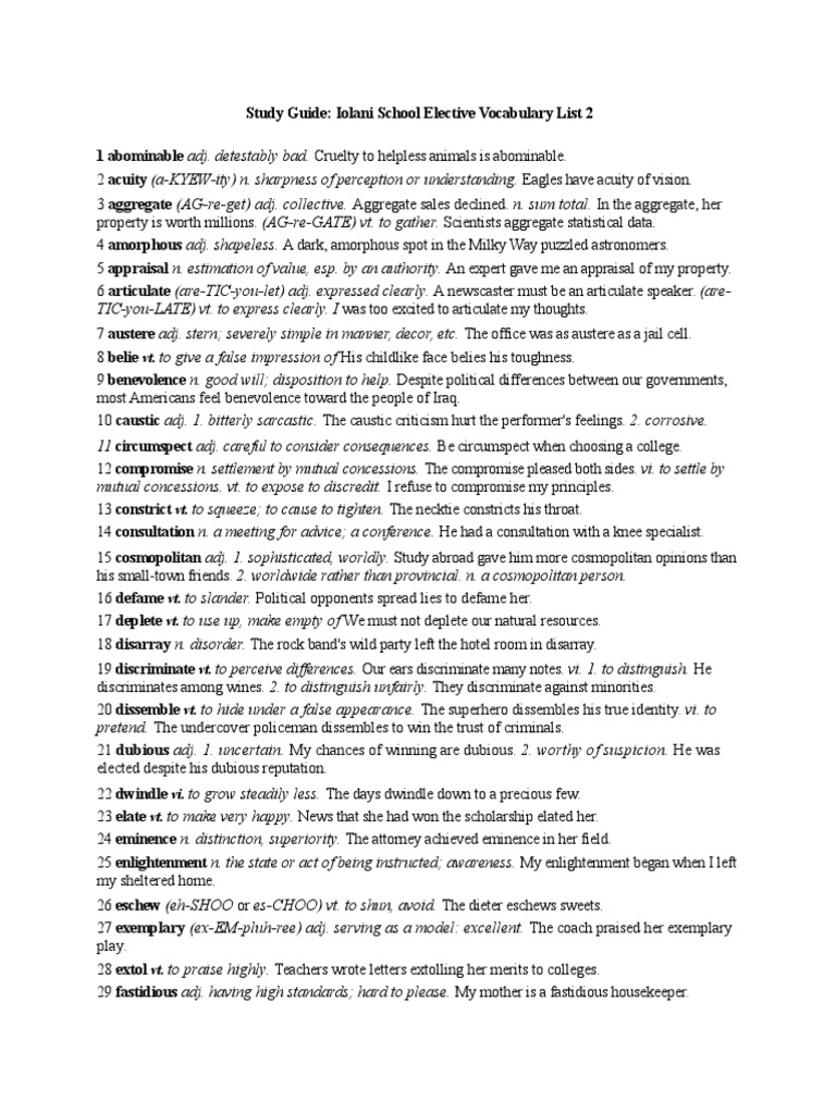 Iolani Vocabulary Elective List 2 Quarter 2 JUNIOR YEAR 2014-2015 | PDF ...