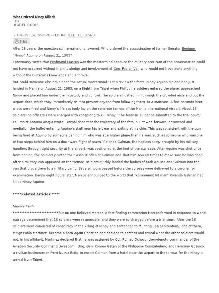 Tell Tale Signs: Benigno "Ninoy" Aquino Ferdinand Marcos Gen. Fabian ...