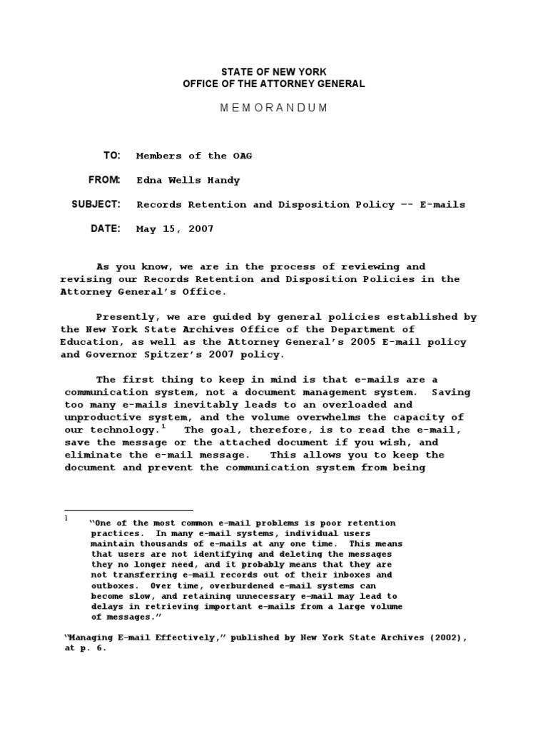 2007 AG Email Retention Policy Memo | PDF | Email | Information Technology