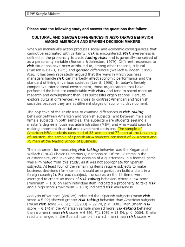 RPW Sample Midterm | PDF | Risk | Decision Making