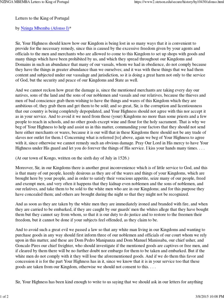 NZINGA MBEMBA Letters To King of Portugal PDF | PDF | Religion And Belief