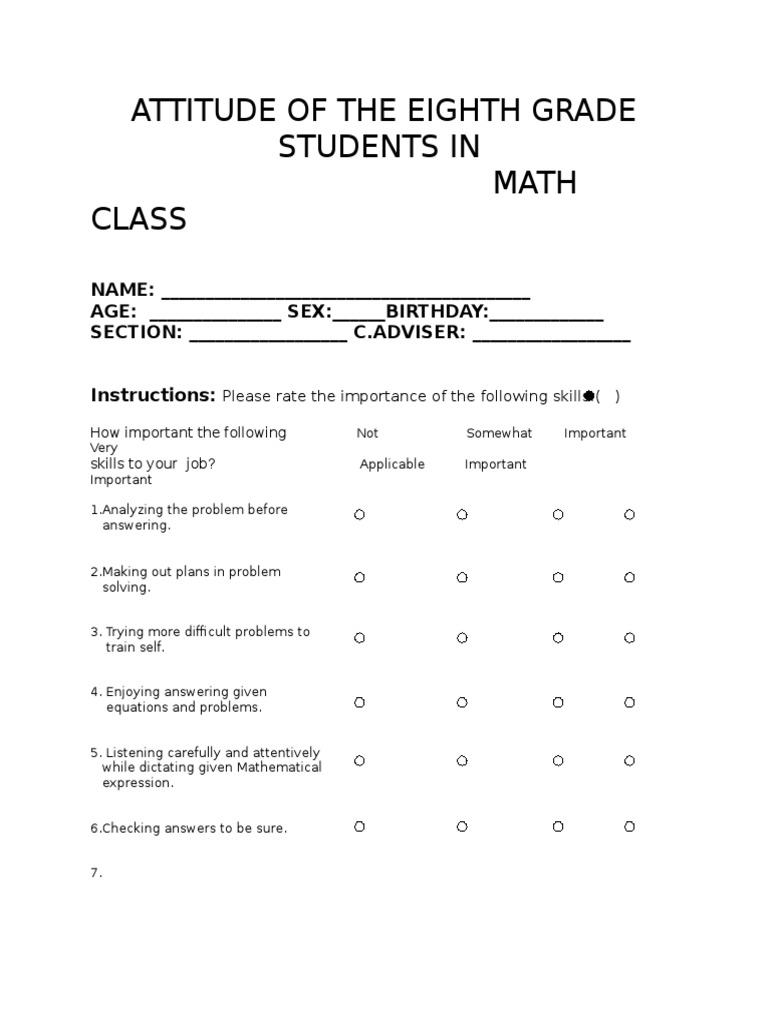 Eighth Grade Math Attitudes Survey | PDF
